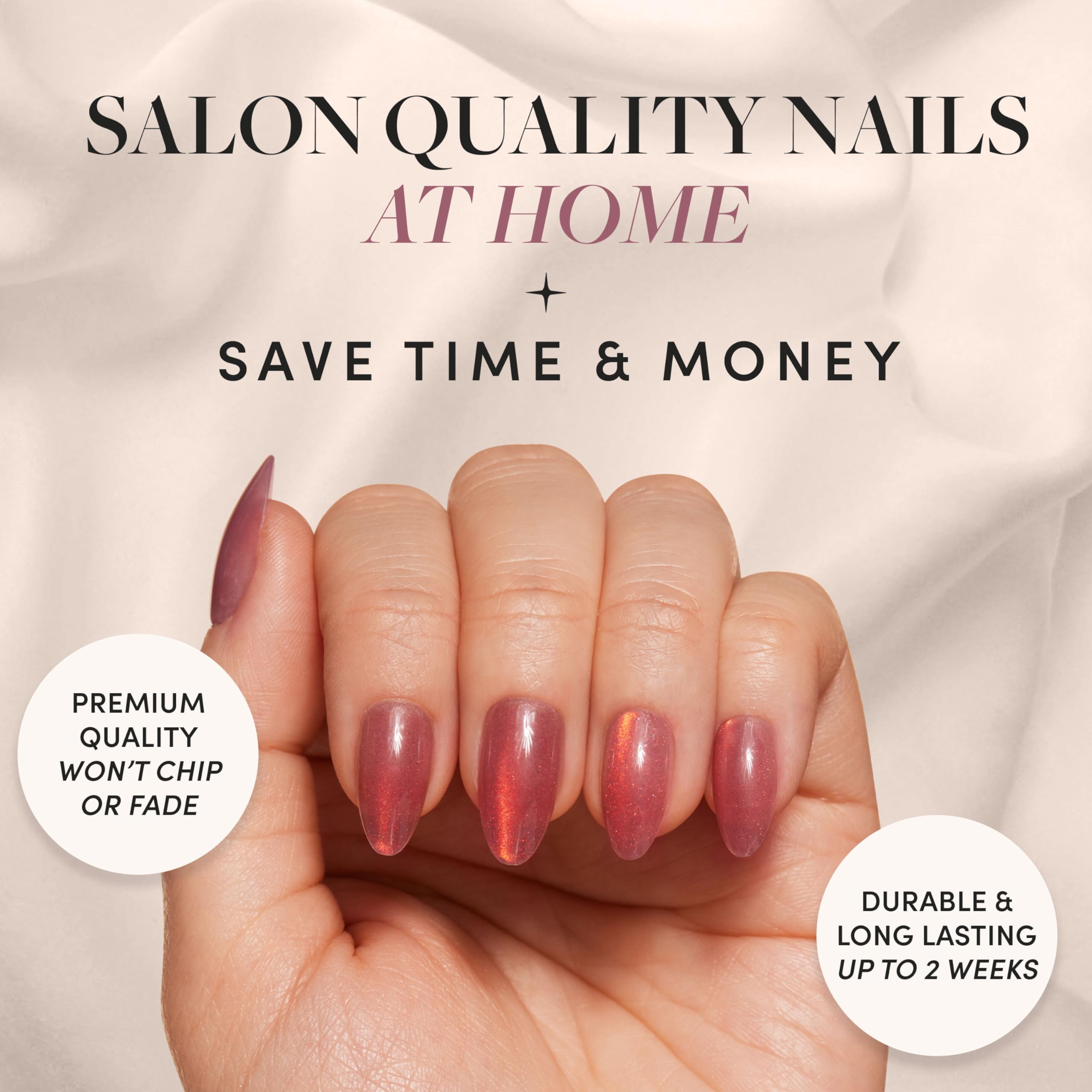 Glamnetic Press On Nails - Rose | Short Almond Rosy-Pink Nails with a Mesmerizing Metallic Finish | 15 Sizes - 30 Nail Kit with Glue