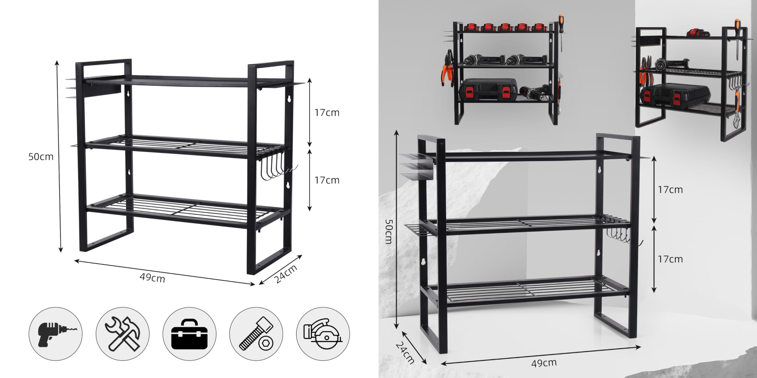 Volin Crik Power Tool Organizer,5 Drill Holder Wall Mount, 4 Layer Heavy Duty Metal Tool Shelf, Garage Tool Organizers and Tool Storage Rack,with Screwdriver Holder/Plier Holder/Hammer Holder