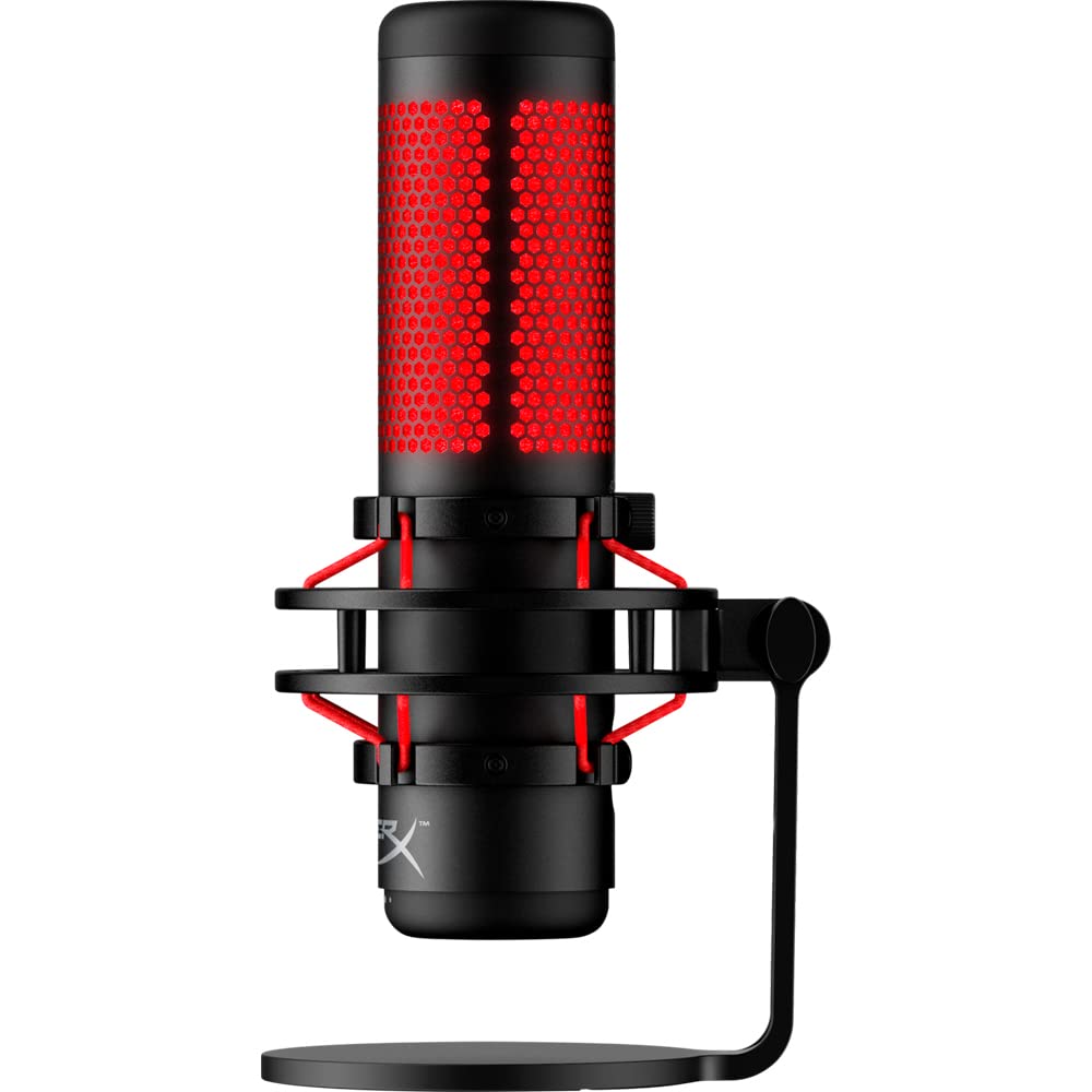 HyperX 4P5P6AA QuadCast Electret USB Condenser Microphone, Black/Red Bundle with Deco Gear Adjustable Mic Suspension Boom Scissor Arm Stand, Screw Thread Adapter and Pop Filter Microphone Wind Screen
