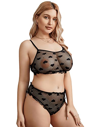 SOLY HUX Women's Mesh Sheer See Through Lingerie Set Sexy Lace Bra and Panty 2 Piece Black 1X Plus