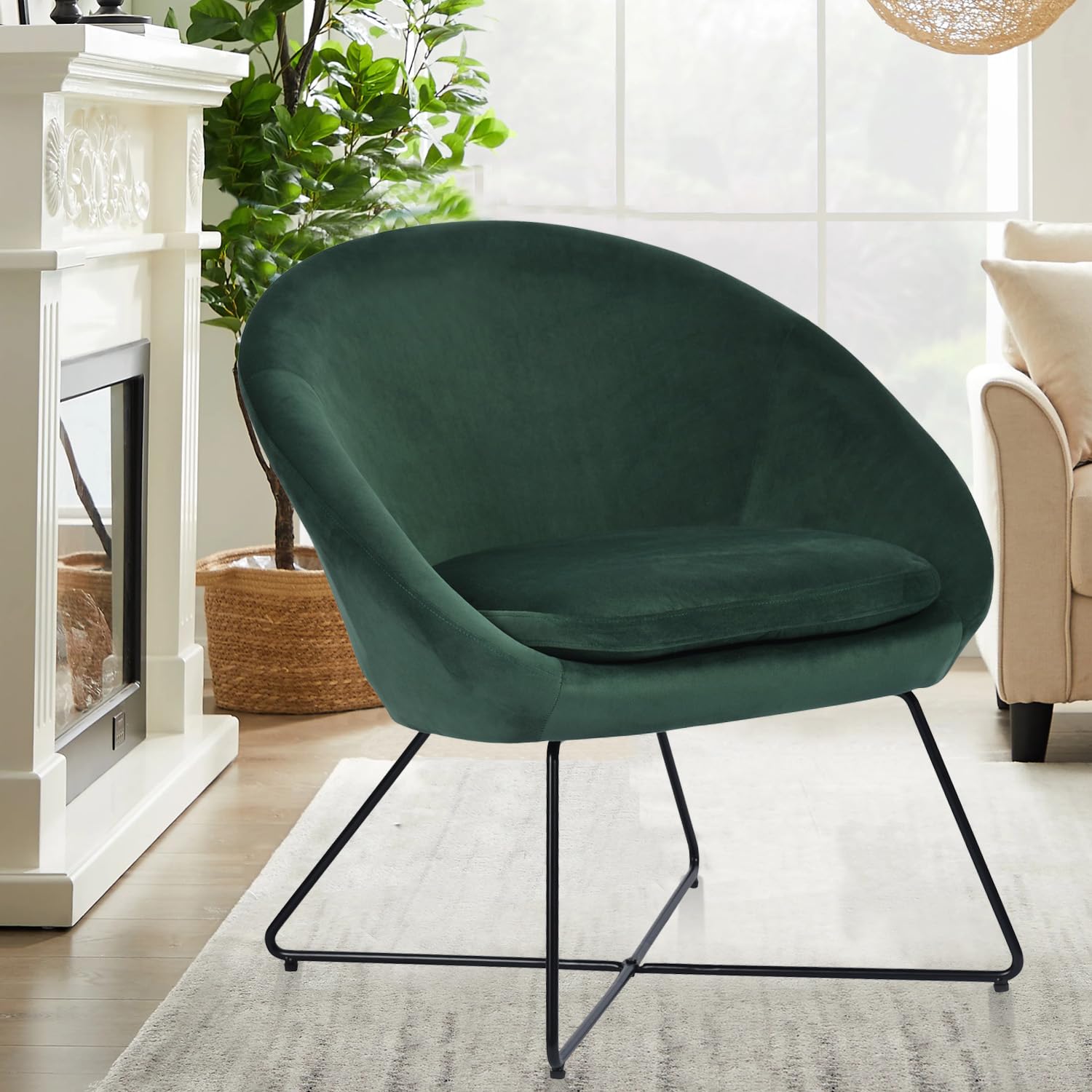 FurniutreR Mid-Century Living Room Velvet Chiar Single Sofa Comfy Upholstered Lounge Arm Leisure Accent Chair, Dark Green