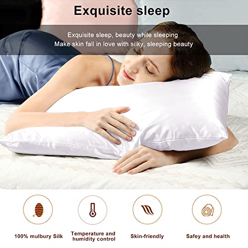 Silk Pillowcase 2 Pack for Hair and Skin, Ravmix Mulberry Silk Pillow Cases Standard Size 20×26inches Set of 2 Cooling Silk Pillow Covers with Hidden Zipper, Pure White