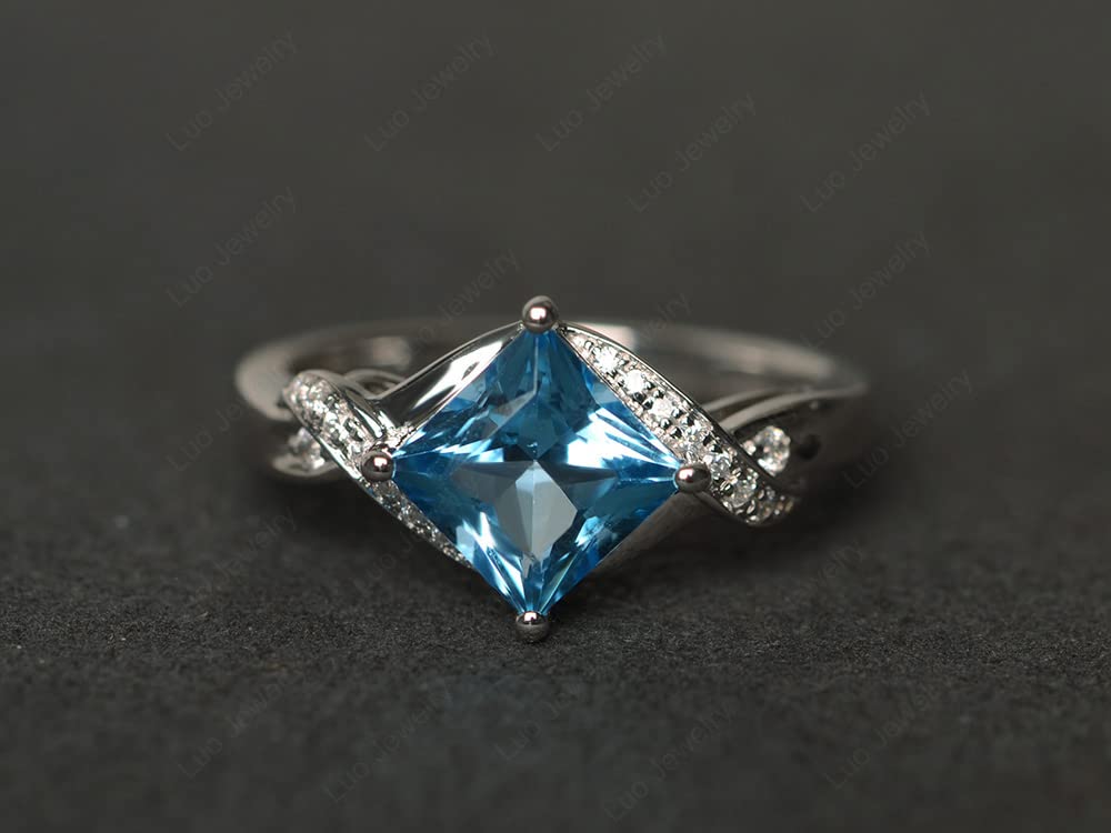 LUO 925 Sterling Silver Swiss Blue Topaz Ring Kite Set Square Cut 7X7 MM Engagement Ring for Women US Size 5