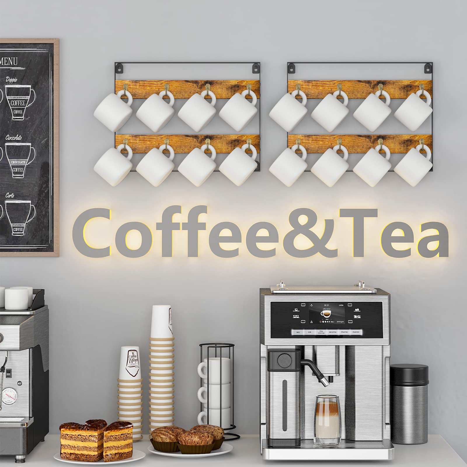 Huxitocan Mug Racks for Wall, Coffee Mug Holder Wall Mount Up to Hold 24 Mugs, Coffee Mug Rack Wall Mounted(3Pack) for Kitchen, Home, Coffee Bar, Rustic Wood and Iron