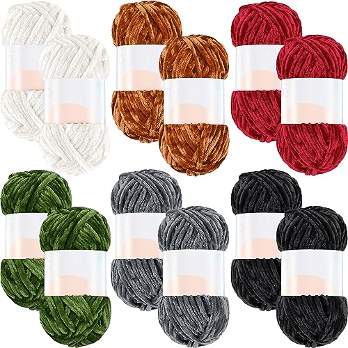 Xinnun 12 Skeins Plush Yarn, Thick Chenille Yarn, Soft Blanket Velvet Yarn for Knitting DIY Craft Total Length 1116 Yards, Fluffy Yarn for Crocheting Sweater Shawl Toy, 3.5 Oz/Skein (Simple Color)