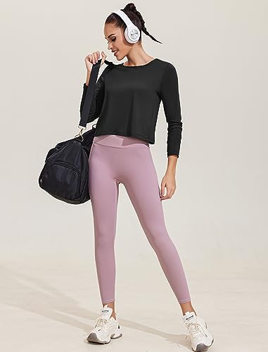 Pinspark Gym Shirts for Women Long Sleeve Workout Shirt Open Back Yoga Crop Top Solid Athletic Top Activewear,Black Small