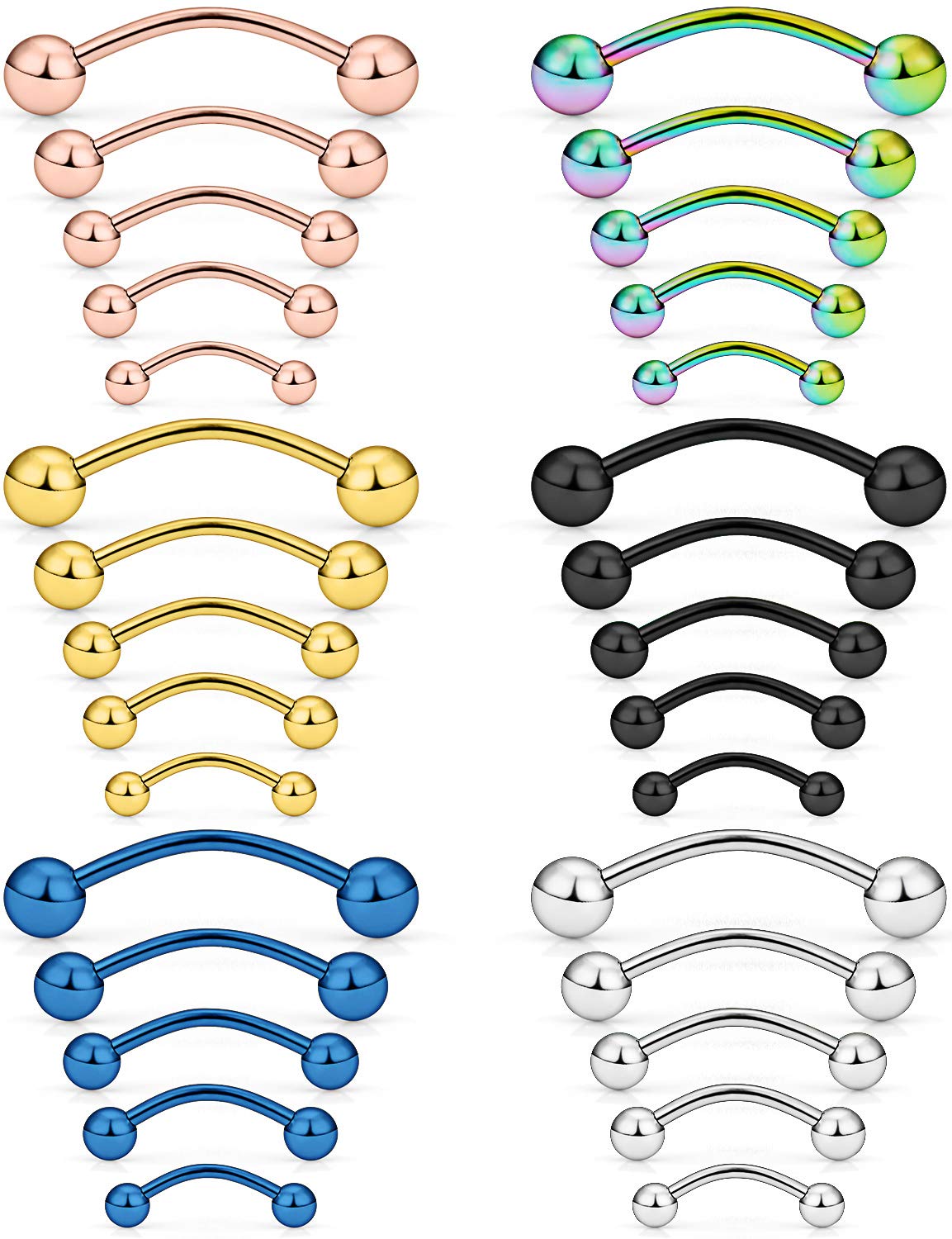 Ftovosyo 36Pcs 12G Surgical Steel Eyebrow Rings Rook Earring Daith Tragus Ear Navel Belly Ring Snake Eyes Tongue Ring Body Piercing Jewelry for Women Men 6mm 8mm 10mm 12mm Silver Black Rose Gold