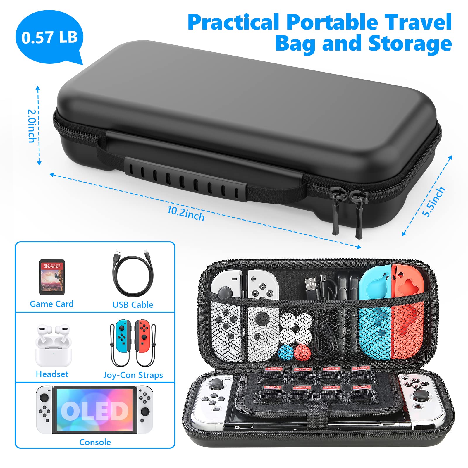 HEYSTOP Switch OLED Case Compatible with Nintendo Switch OLED Model, 9 in 1 Accessories for Switch OLED Model with Carrying Case, Dockable Protective Case, Screen Protector and Thumb Grip Caps, Black