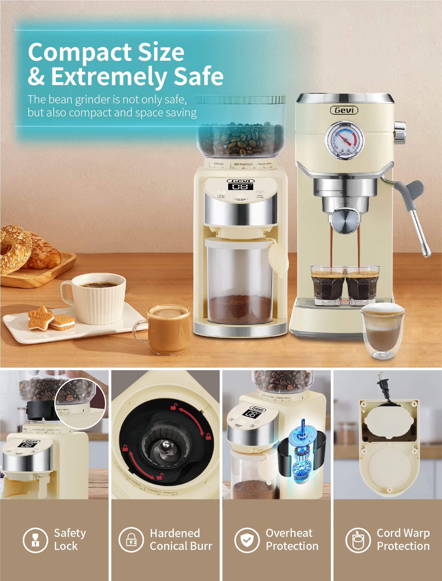 Gevi 20 Bar Compact Professional Espresso Coffee Machine with Milk Frother for Espresso, Latte and Cappuccino Burr Coffee Grinder with 35 Precise Grind Settings, Beige, I406B-W