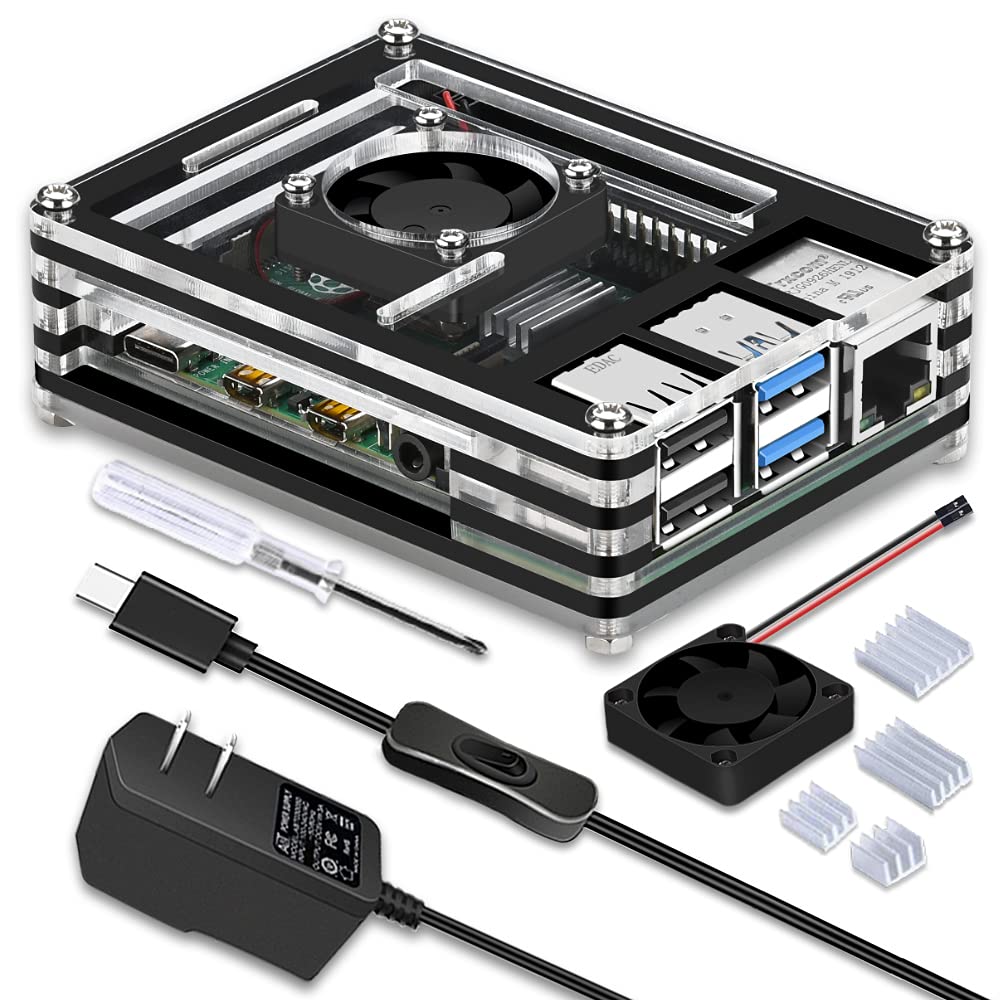 GeeekPi Acrylic Case for Raspberry Pi 4, Raspberry Pi 4 Case with Fan, Raspberry Pi 4 5V 3A Type-C Power Supply, 4pcs Aluminum Heatsinks for Raspberry Pi 4B 8gb/4gb/2gb (No Raspberry Pi Board)