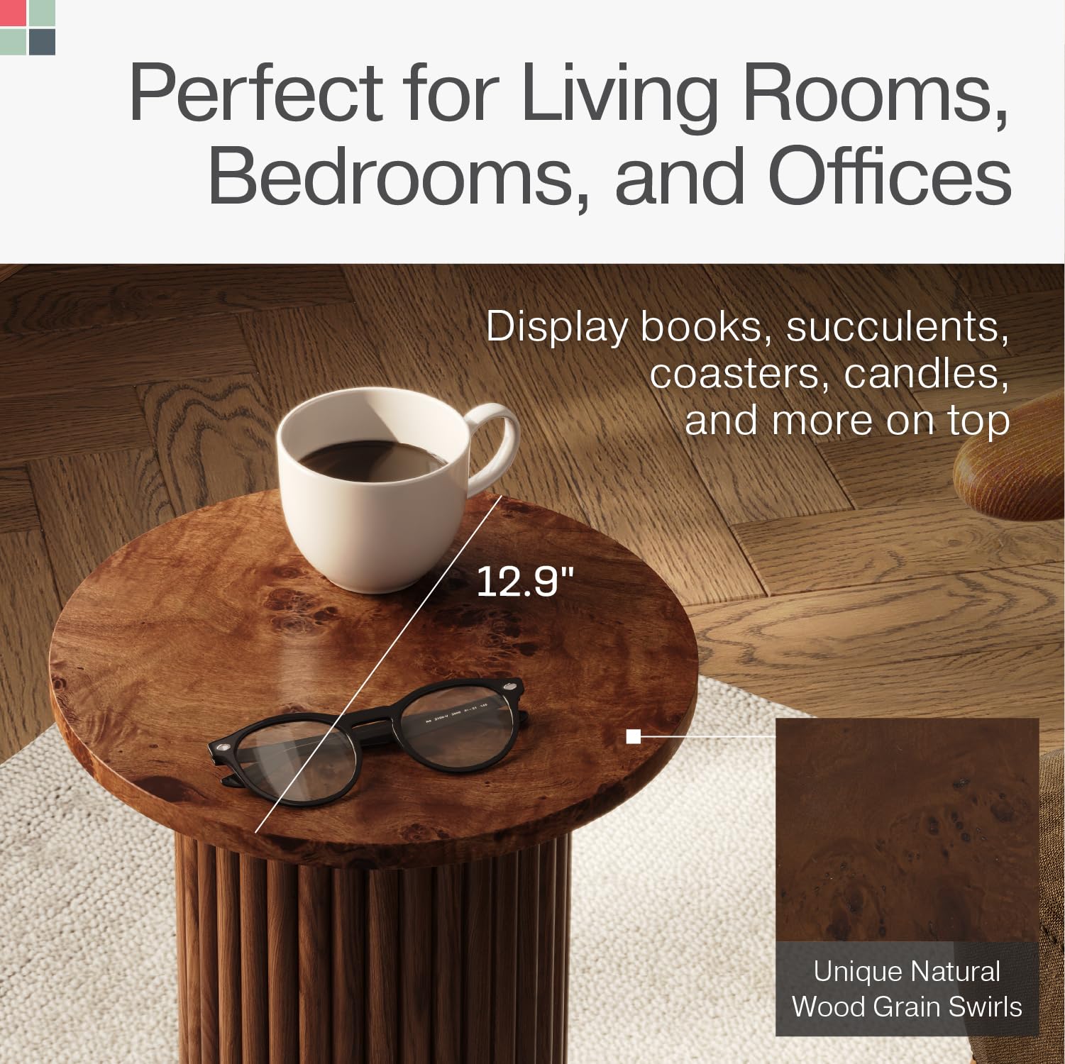 Round Fluted Accent Side Table - Small Drink Table - Living Room Furniture - Modern Home and Bedroom Decor - Pedestal Side Table with a Solid Oak Base (Burl Walnut Finish)