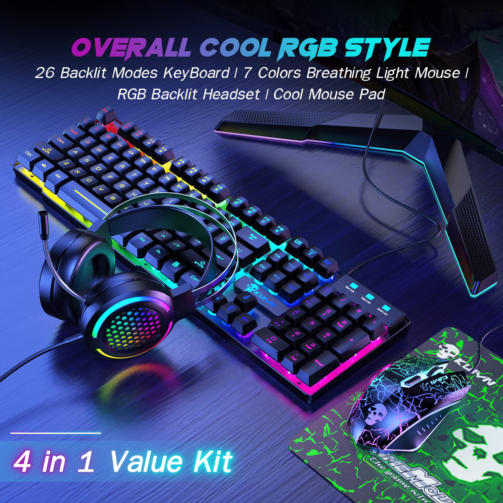 Gaming Keyboard and Mouse Headset and Mouse pad,Wired LED Rainbow Backlight Bundle PC Accessories Headphones for Gamers and Xbox and PS4 PS5 Nintendo Switch Users-4in1 Gaming Set