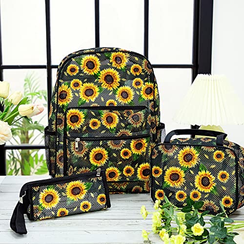 Silkfly Sunflower Mesh Backpack Cow Semi Transparent Sackpack School Bags for Girls with Cow Sunflower Lunch Bag and Pencil Case See Through Beach Bag Mesh (Sunflower Style)