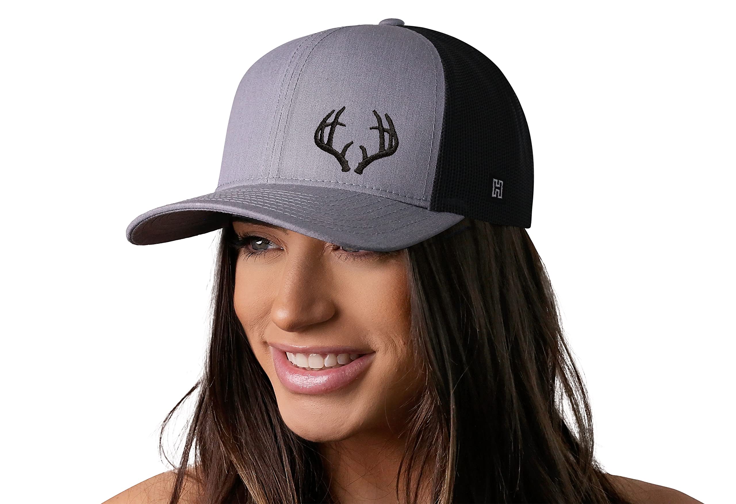 HAKA Buck Antler Embroidered Trucker Hat, Outdoor Hat for Men & Women, Adjustable Baseball Cap, Mesh Snapback, Golf Hat (Grey/Black)