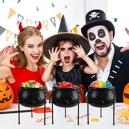 Rocinha Halloween Party Decoration, 3 Pcs Witches Cauldron Serving Bowls on Iron Stand, Black Plastic Hocus Pocus Candy Bucket for Halloween Party Indoor Outdoor Home Kitchen Decorations