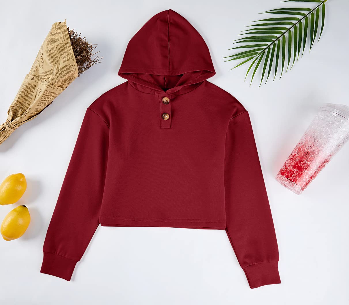 GAMISOTE Kids Girls Crop Tops Hoodie Button Up Casual Loose Active Short Pullover Sweatshirt Burgundy