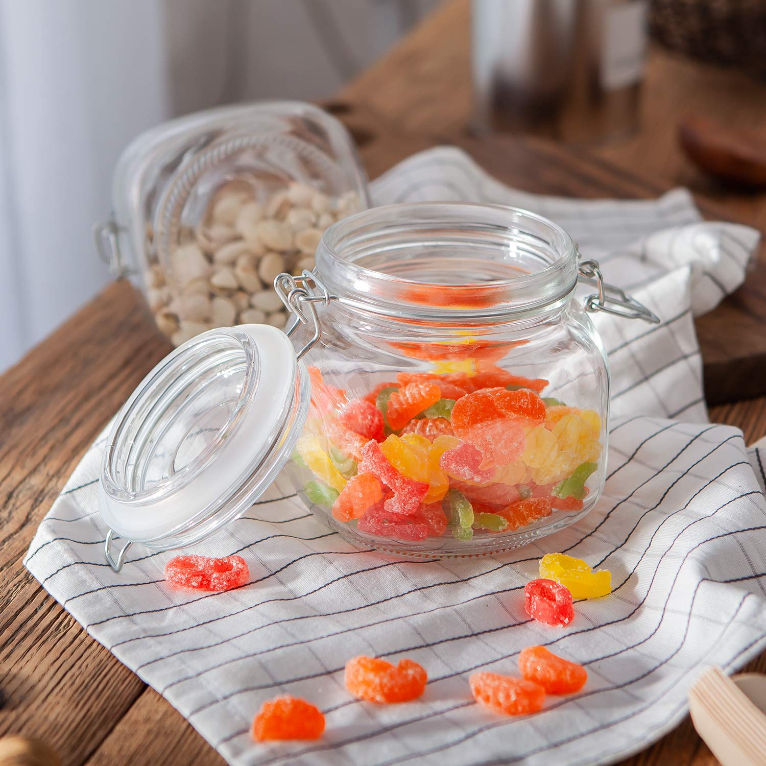 Glass Kitchen Storage Canister Mason Jars with Lids,25oz Airtight Glass Canister with Hinged Lid,Perfect for Kitchen Canning Cereal,Pasta,Sugar,Beans (Labels & Chalk Marker)-Set of 6