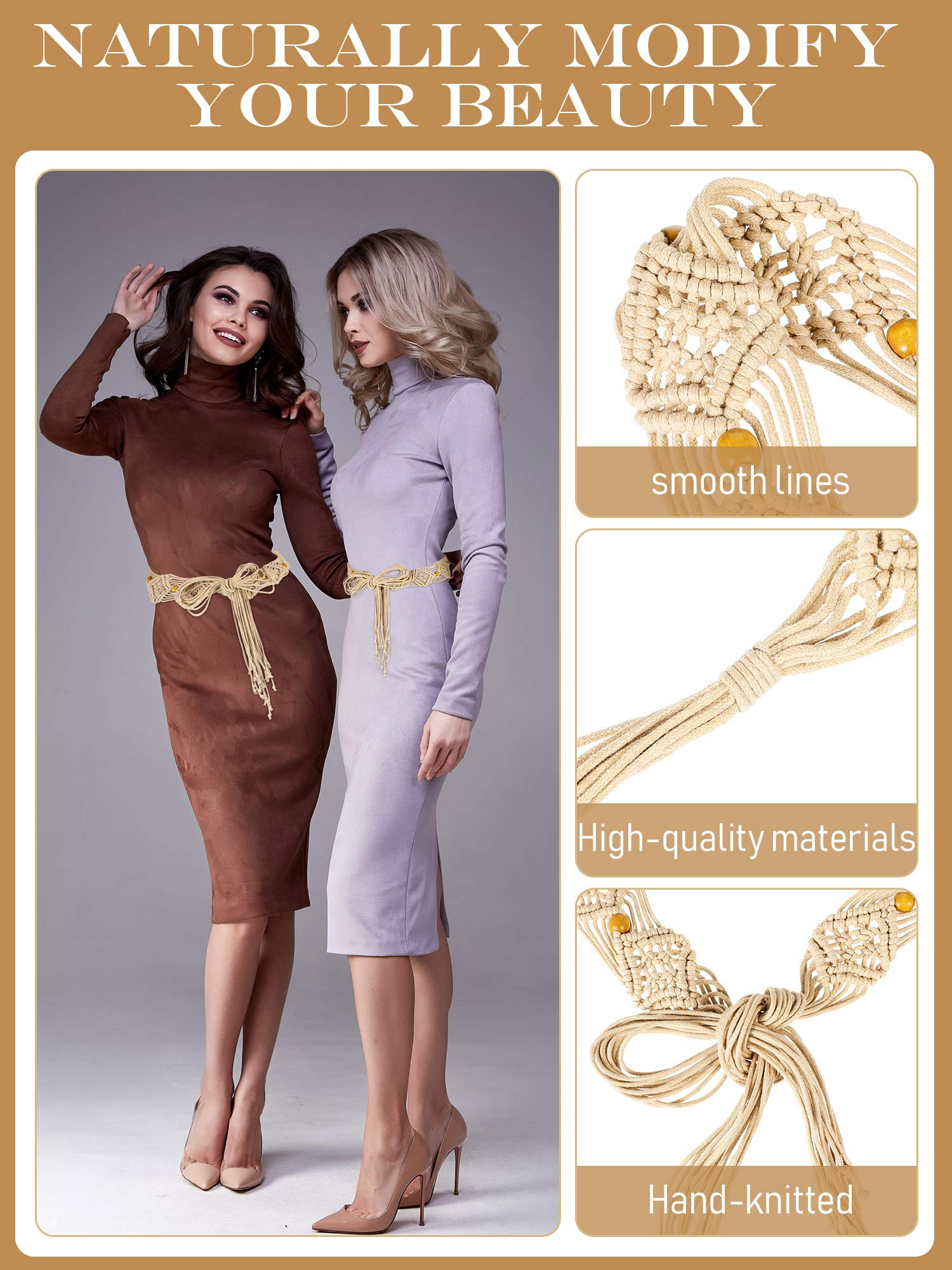 Hercicy Women Bohemian Style Belt Macrame Braid Waist Belt for Dresses Christmas (Khaki) Medium