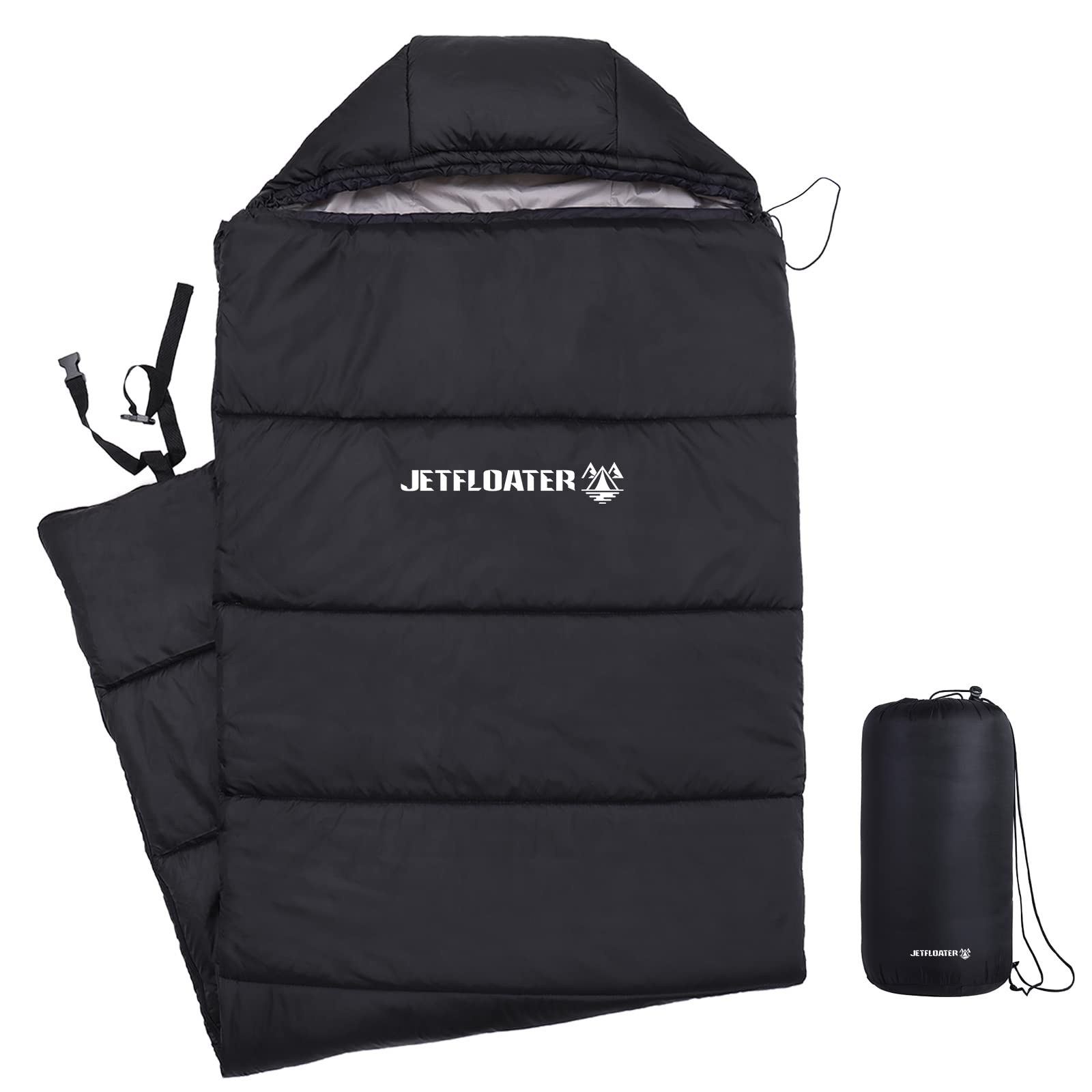 Jetfloater Lightweight Sleeping Bag with Strap Portable Compact Waterproof Backpacking Sleeping Bag for Adults Kids Comfort for Warm & Cold Weather Great for Family Camping Hiking - Coal Black