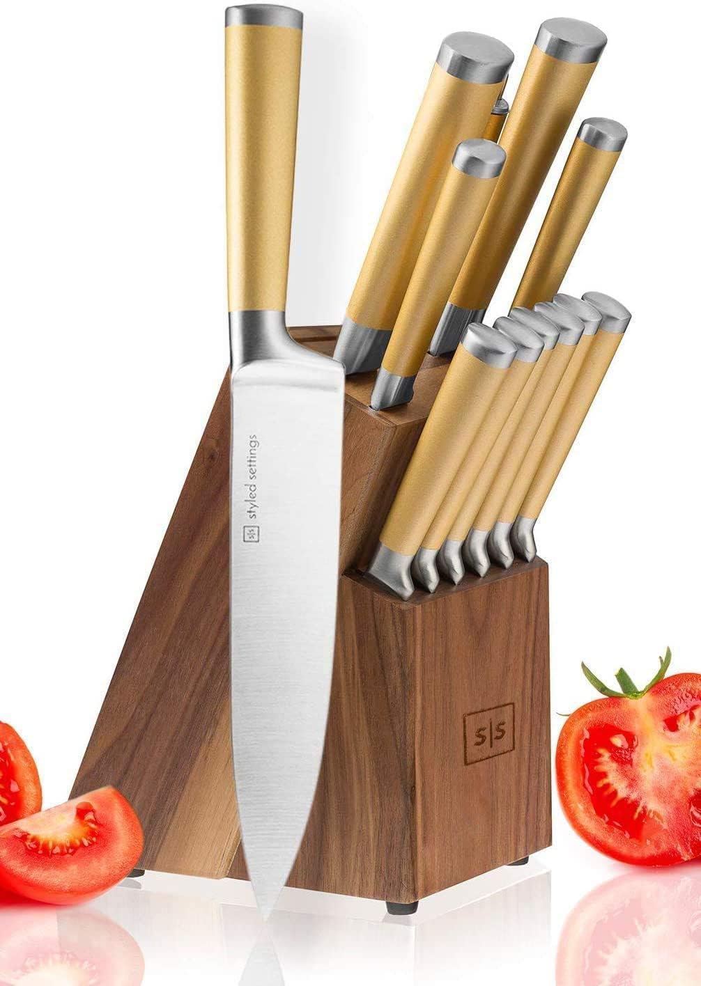 Gold Knife Set with Walnut Knife Block, 13-piece Kitchen Knives Stainless Steel Gold Knives Set, Full Tang, Knives Gold - Gold Kitchen Accessories