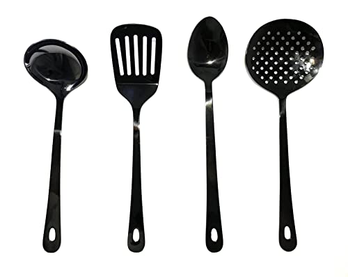 Simmer Kitchenware 4-Piece Stainless Steel Kitchen Utensils Set, PVD Black Cooking Tool Set Includes Spatula, Ladle, Serving/Basting Spoon, Skimmer, Heat Resistant, Dishwasher Safe