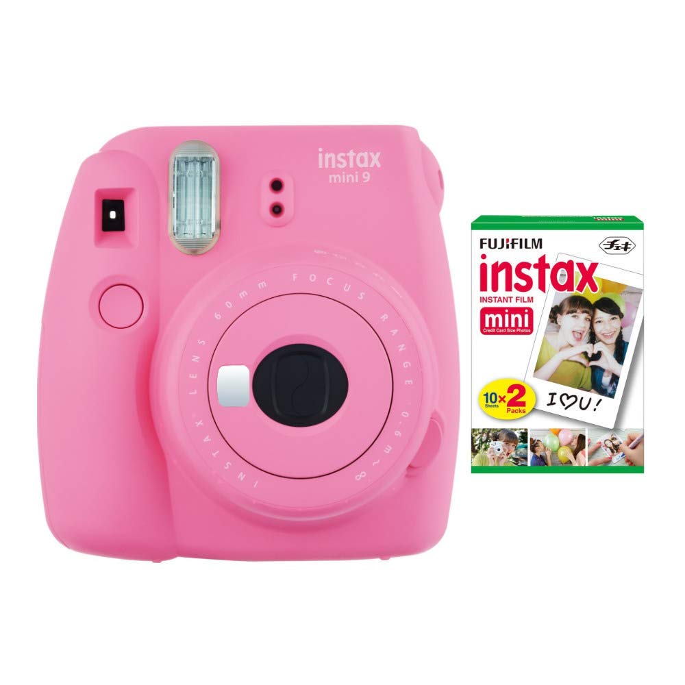 Fujifilm instax Mini 9 Instant Camera (Flamingo Pink) and instax Film Twin Pack (20 Exposures) Bundle Pink
