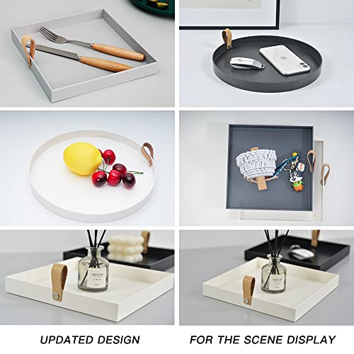 Tynulox Plastic Serving Tray with Leather Handle, Round, Black,10.2x10.2x1 Inch, 1 Pcs
