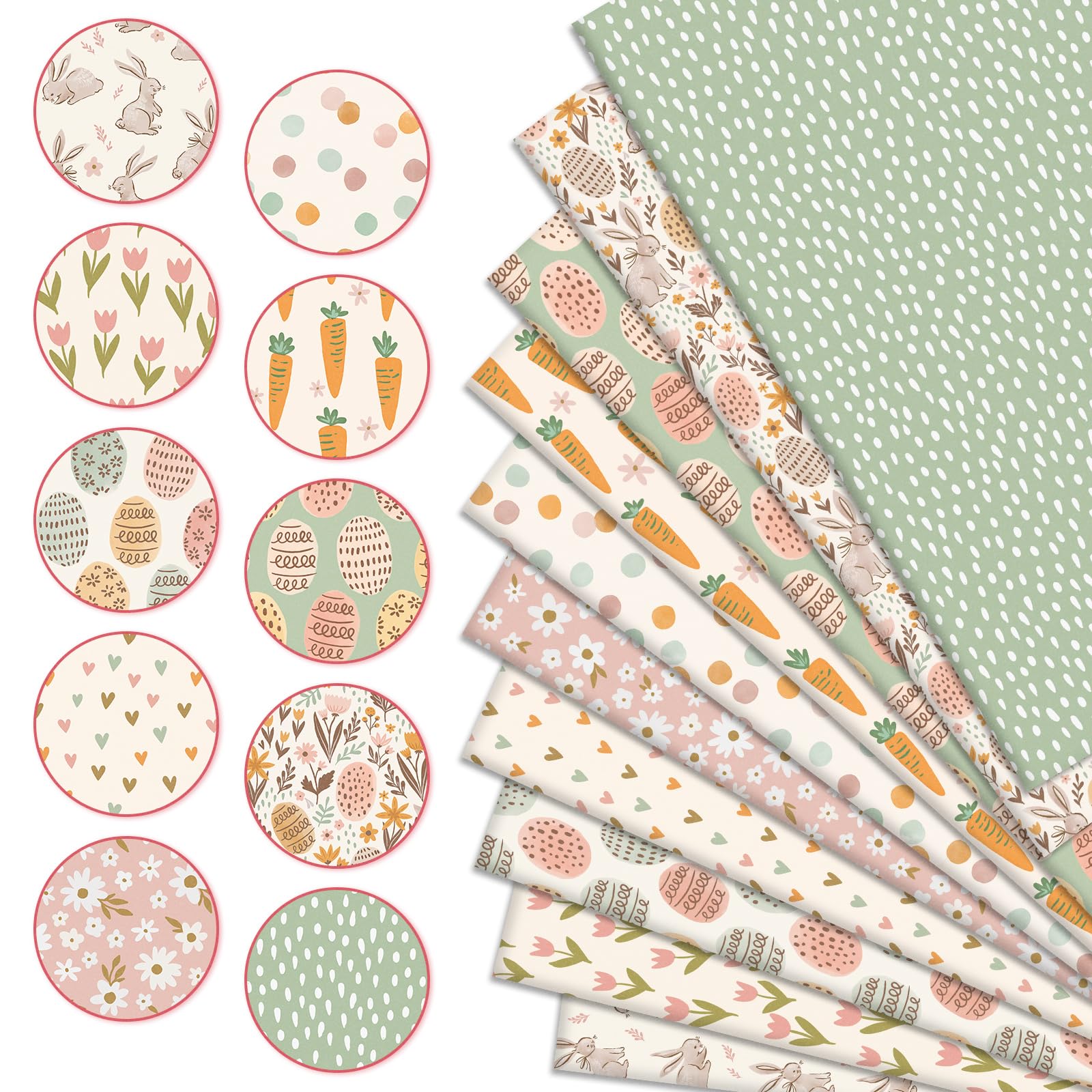 Whaline 10Pcs Easter Cotton Fabric Bundles Easter Bunny Egg Carrot Flower Fat Quarters Pastel Easter Spring Quilting Patchwork for DIY Handmade Craft Party Decor, 18 x 22 Inch
