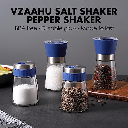 vzaahu Blue Glass Salt and Pepper Sharkers Set with Adjustable Pour Holes - Spice Shaker Salt Dispenser Pepper Dispenser - Perfect for Pink Himalayan, Table Salt, Black and White Pepper (Blue)