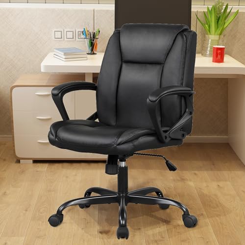 PayLessHere PU Leather Task Chair Home Office Chair Ergonomic Desk Chair with Lumbar Support and Armrests Adjustable Features with Mid Back Swivel Executive Computer Chair (Black)