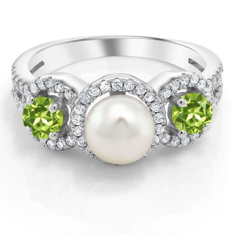 Gem Stone King 925 Sterling Silver Cultured Freshwater Pearl and Green Peridot Ring For Women (1.40 Cttw, Gemstone Birthstone, Available In Size 5, 6, 7, 8, 9)