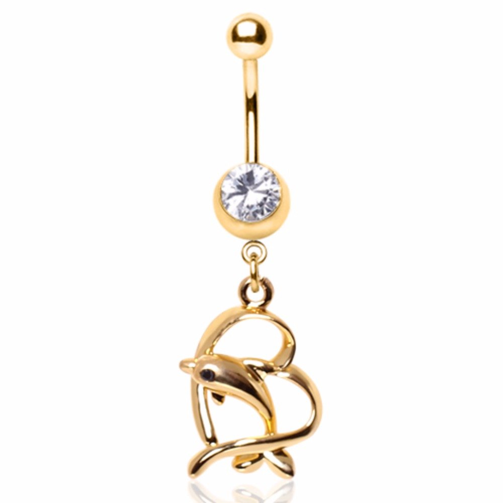 Gold Plated Leaping Dolphin and Heart Dangle Navel Ring