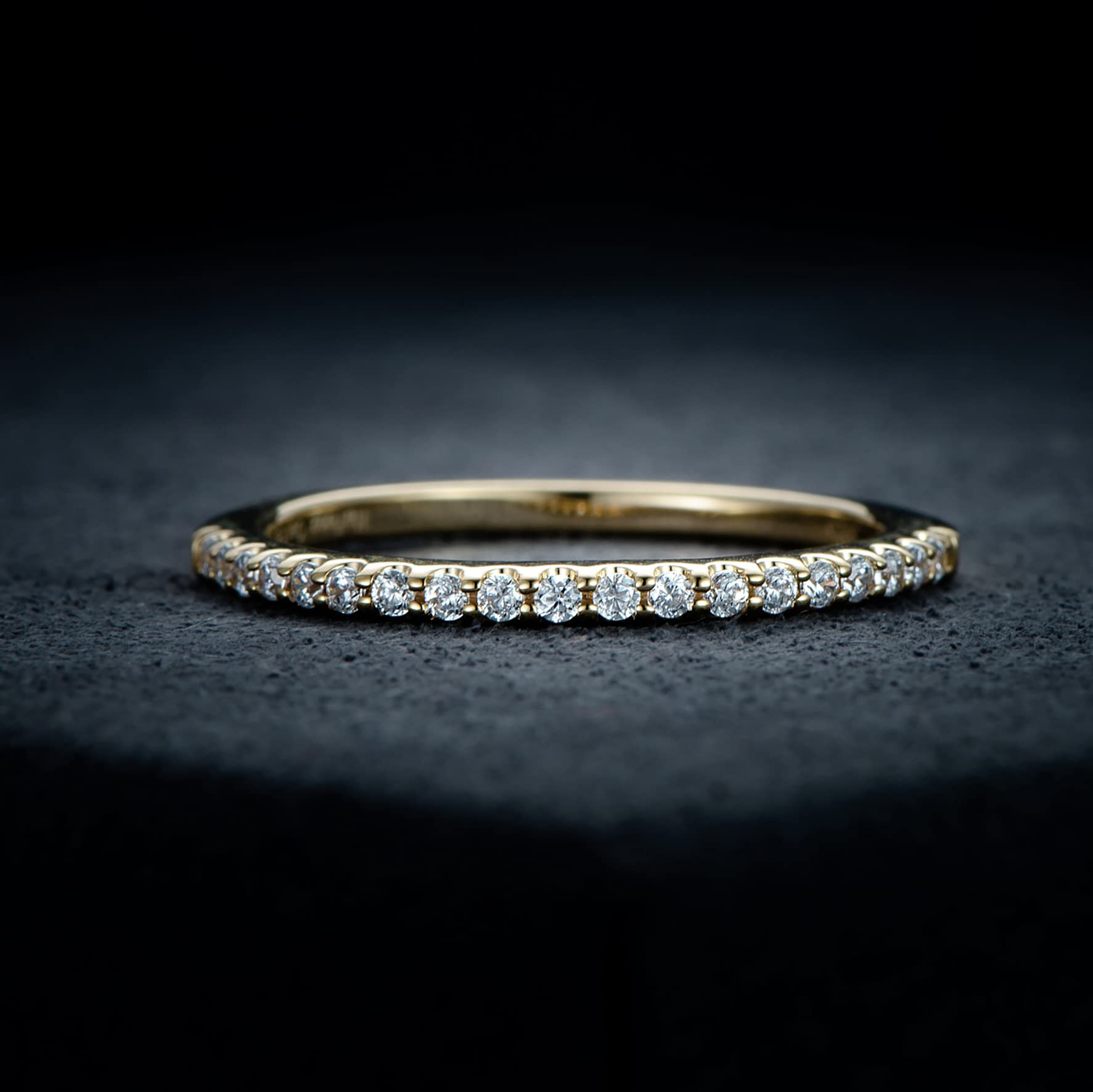 HAFEEZ CENTER 1.5mm Yellow Gold Plated Petite Half Eternity Moissanite Wedding Band Rings for Women (7.5)