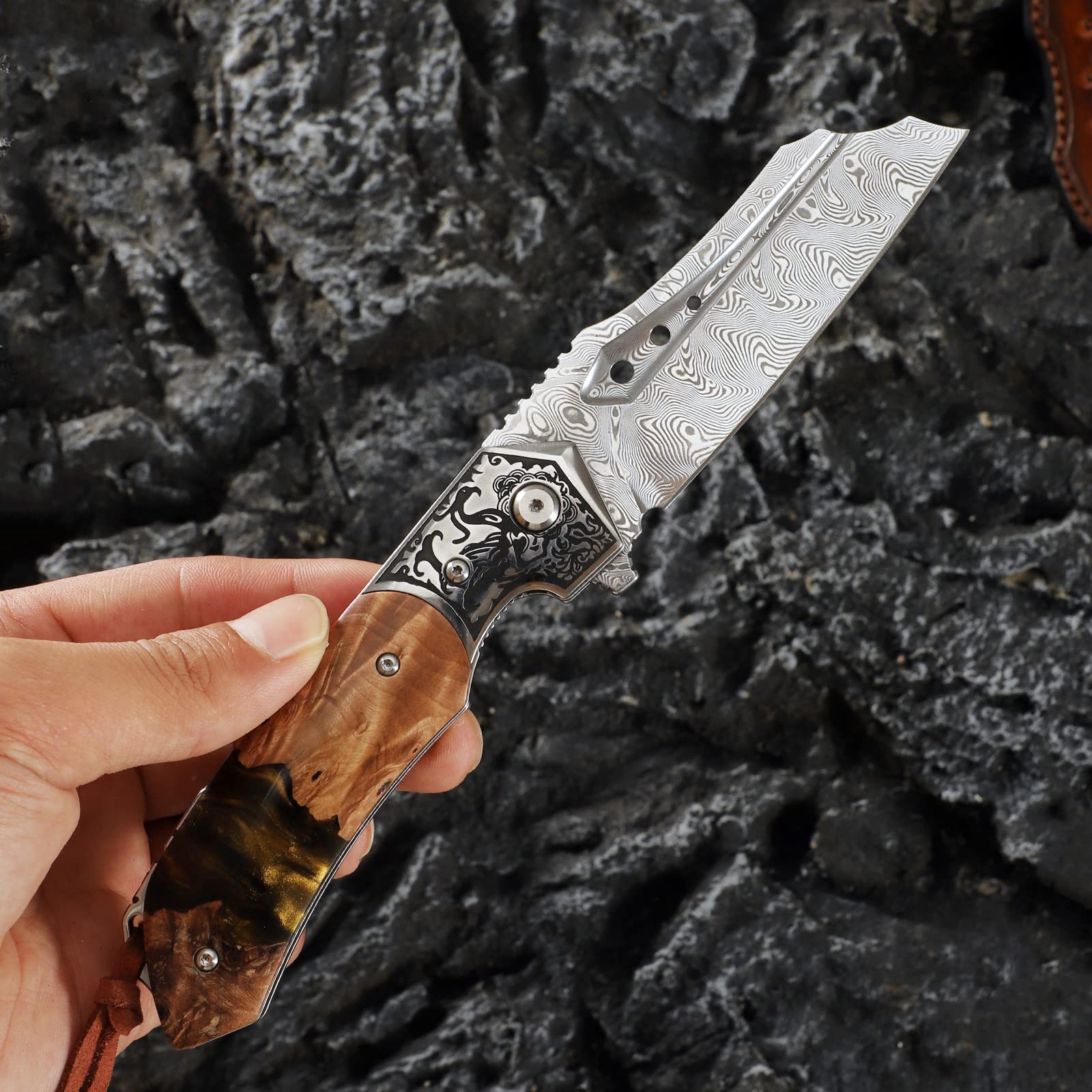 Minowe Japan Handmade Damascus steel steel Folding Pocket Knife,3.5 in High hardness blade,Frame Lock,With Leather Sheath,resin and Maple handle,Mountaineering go fishing hunting Adventure Knifee