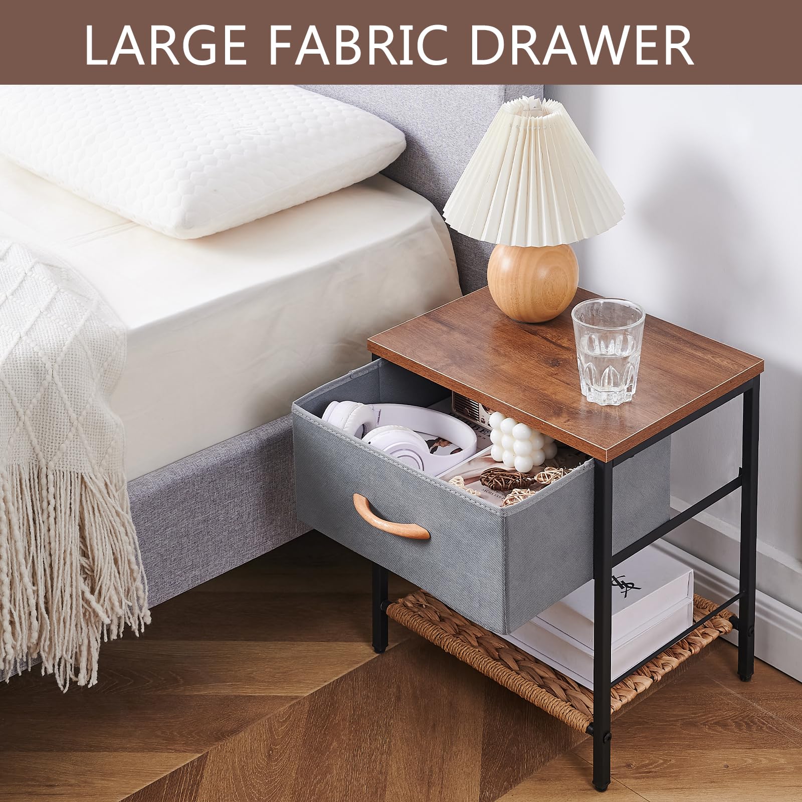Wimarsbon Nightstand with Drawer, Night Stand Bedside Table with Storage Drawers, with Three Fabric Drawer Bedside Dresser, Modern Bedside Table Fabric Dresser for Bedroom (Light Gray-2)