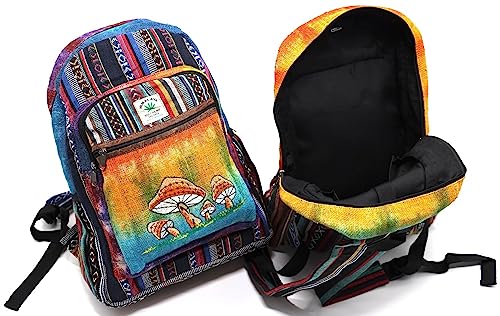 Unique Mushroom Embroidered Tie Dye Himalaya Hemp Hippie Backpack Festival Backpack Hiking FAIR TRADE Handmade with Love. (LARGE)