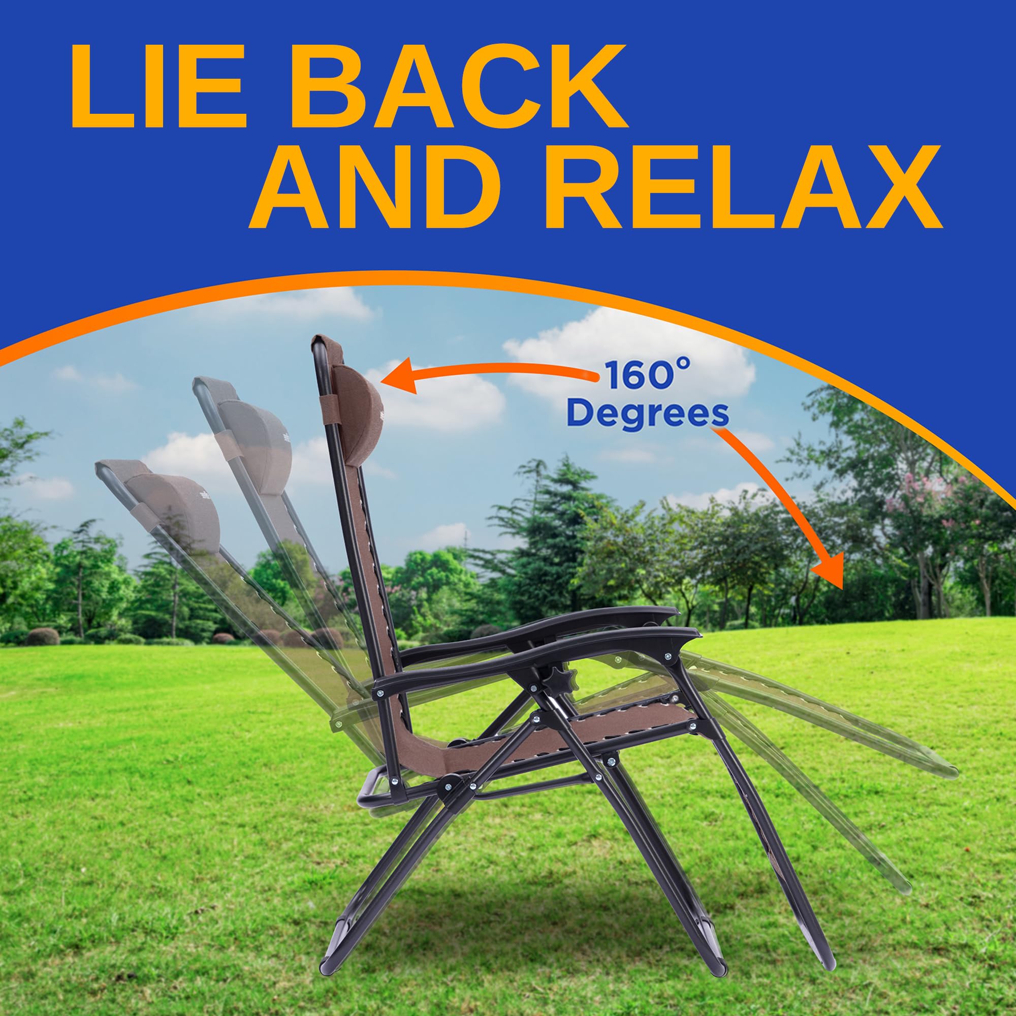 SereneLife SLZGHBRW22.5 Outdoor Adjustable Zero Gravity Lounge Chair Recliners with Plastic Cup Holder Side Table and Padded Headrest Pillows, 2 Pack, (Brown), Chocolate