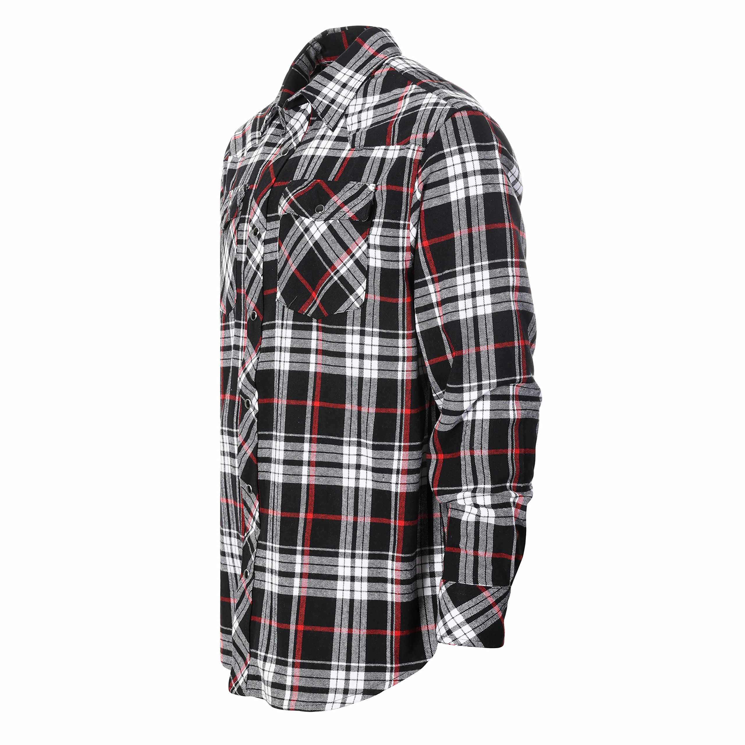 Gioberti Men 100% Cotton Western Flannel Plaid Shirt w/Snap-on Button, Black White Red Line, X-Large