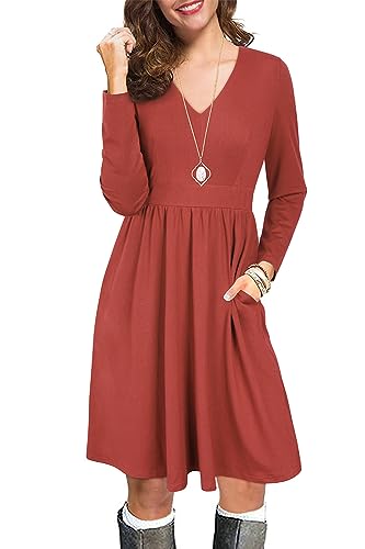 ULTRANICE Women's Fall Casual Long Sleeve Dresses V Neck Business Work Winter A Line Church Dress with Pockets 2023(Red E,XL)