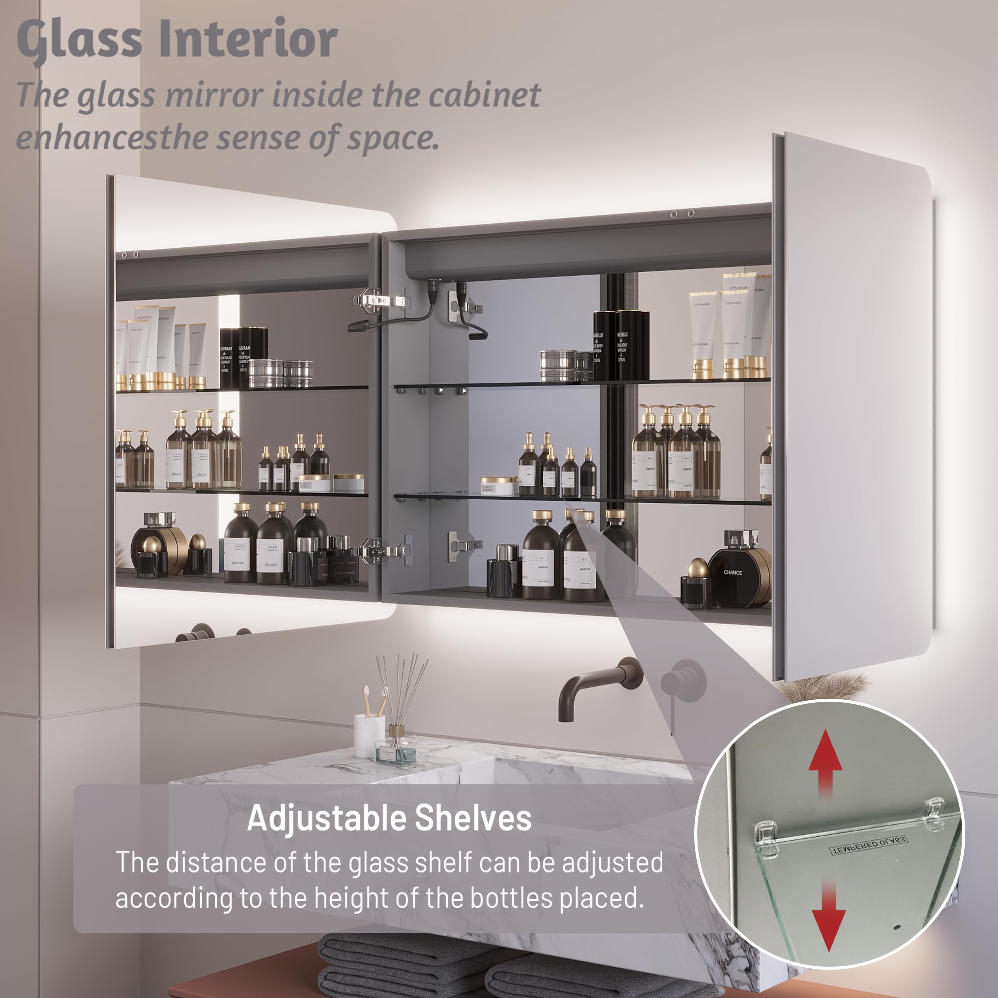 MIRPLUS Lighted Medicine Cabinet with Mirror for Bathroom, 24 x 36 inch Wall Mounted Bathroom Cabinet Touch Switch 3 Color Lights & Brightness Adjustment, Anti-Fog Time & Temp Display (Double Door)