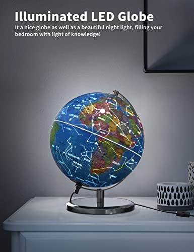 Waldauge Illuminated World Globe with Stand, 9" Earth Globes with Stable Heavy Metal Base for Kids Classroom Learning, LED Constellation Globe Night Light with HD Printed Map