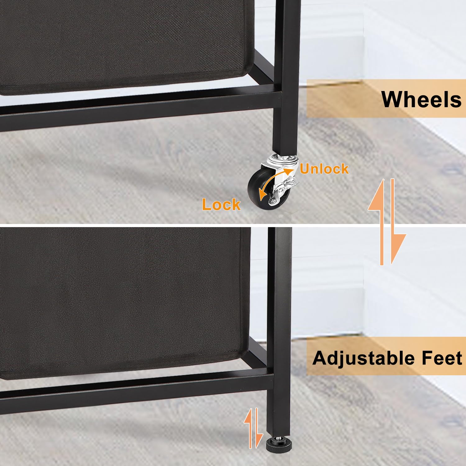 Timberer Laundry Hamper, Laundry Sorter, Rolling Laundry Basket with Wheels, 2 Shelves, 16.9 Gal(64L), Pull-Out and Removable Laundry Bags, for Laundry Room, Black and Rustic Brown
