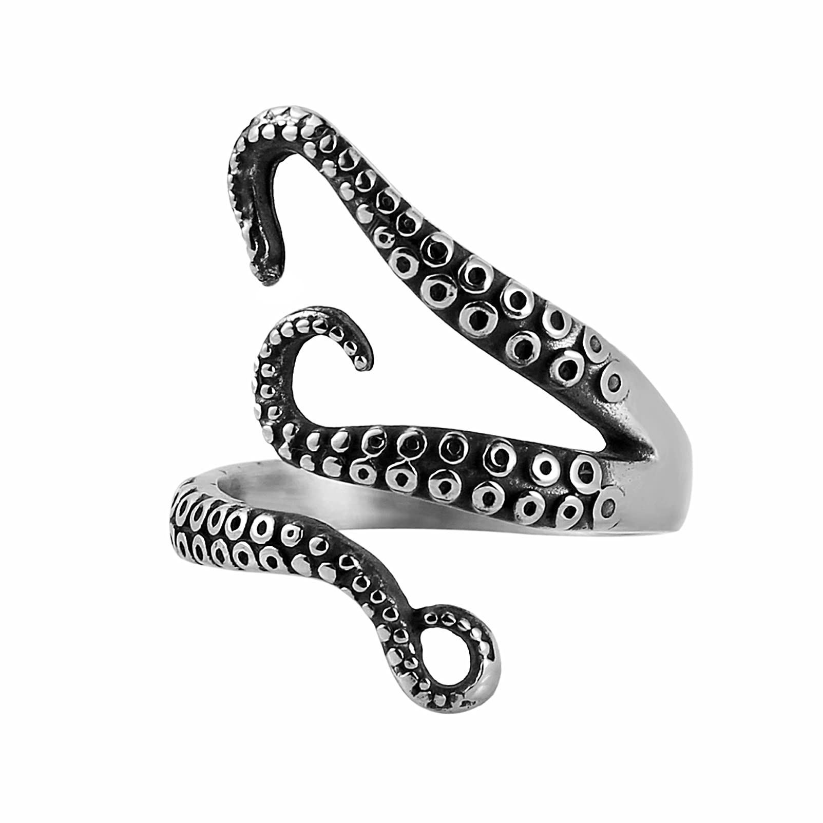 HZMAN 316L Stainless Steel Punk Antique Octopus Pirate Ring for Mens Women The Size Can Be Adjusted In Small Increments Size(Silver,8
