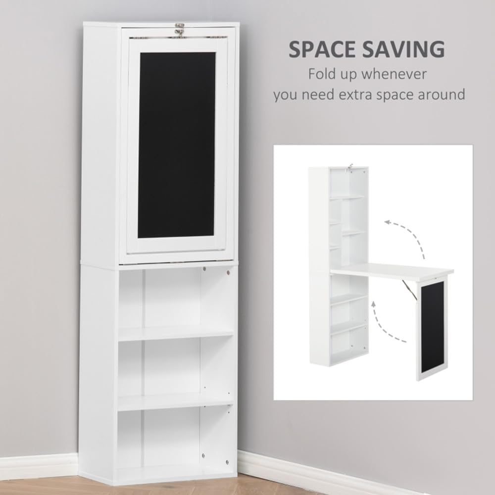 TOQIJUN Folding Wall Mounted Desk, Floating Desk with Chalkboard, Space Saving Fold Up Desk Wall Mounted Convertible Desk, Wall Mounted Table with Storage Shelves & Hooks,White