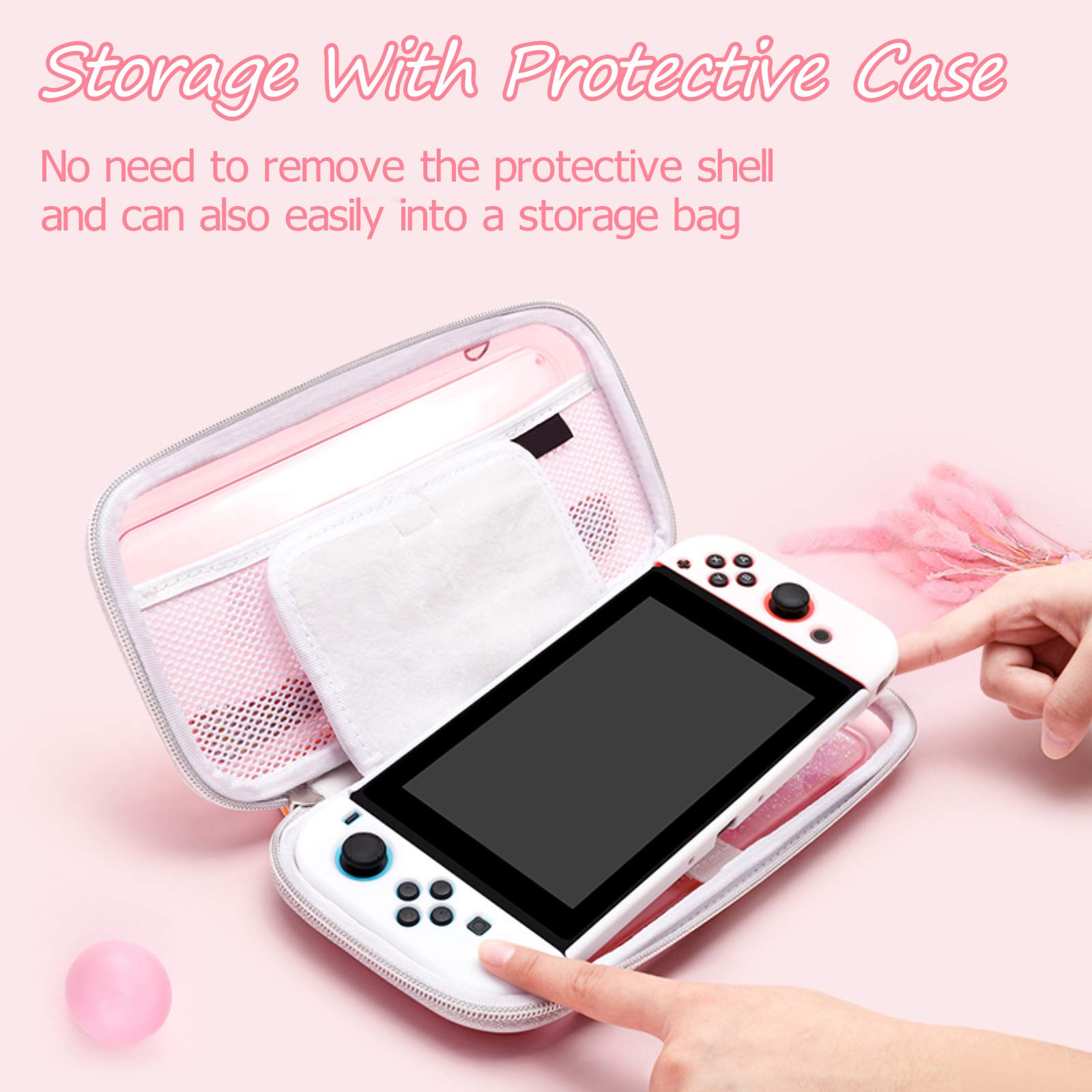 Glitter Carrying Case For Nintendo Switch & Switch OLED - Protective Hard Shell Travel Storage Bag TPU Liquid Bling for Game Accessories - With 8 Cards Slots & Adjustable Strap & 4 Thumb Grips