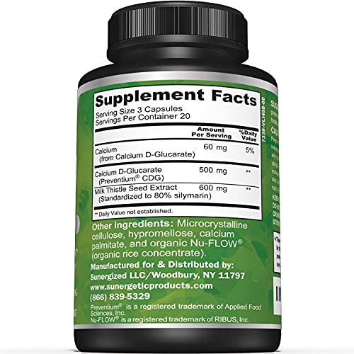 Premium Calcium D-Glucarate Supplement with Milk Thistle Extract - Calcium D-Glucarate for Liver Support & Detox Support – 500mg of Calcium D-Glucarate Per Serving – 60 Capsules