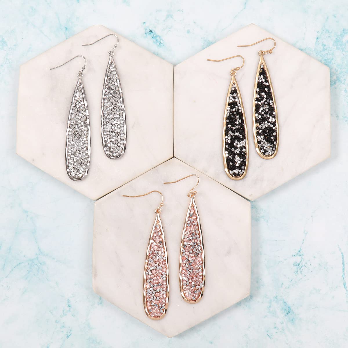 Glitter Rhinestone Statement Drop Earrings - Sparkly Crystal Geometric Metal Hook Dangles Vertical Bar, Elongated Teardrop, Shield Disc (Encrusted Jewel - Teardrop Champagne/Gold)