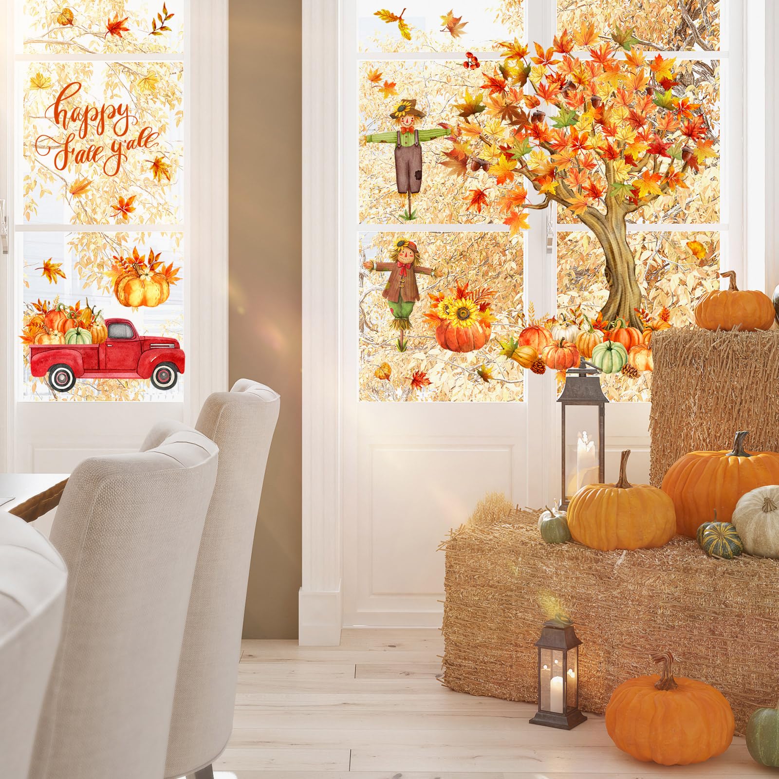 Resurhang Fall Maple Leaves Wall Decals Fall Tree Scarecrow Pumpkin Truck Wall Decor Sticker Thanksgiving Removable Fall Leaves Wall Decor Cute Autumn Wall Mural Art for Classroom Bedroom Decor