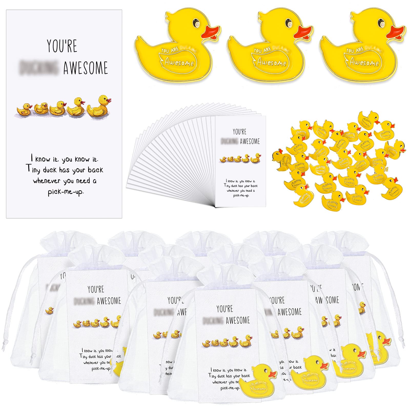 Fuutreo 100 Set Yellow Duck Brooches with You're Awesome Funny Pun Cheer up Card Duck Lapel Pins for Backpack Employee Appreciation Gift for Women Student Camp Gifts Coworker (Yellow)