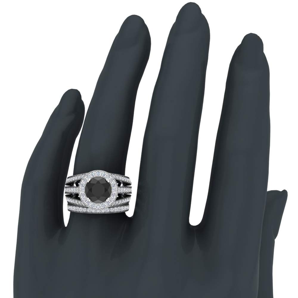 Glitz Design 14K White Gold Large Black Diamond Wedding Ring Sets for Women Round Cut Halo Diamond Rings 4.95 Carat (G,SI) (RS 85)